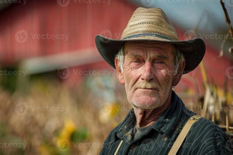 Portrait Of Senior Farmer Wearing Cowboy Hat In Front Of Red Barn