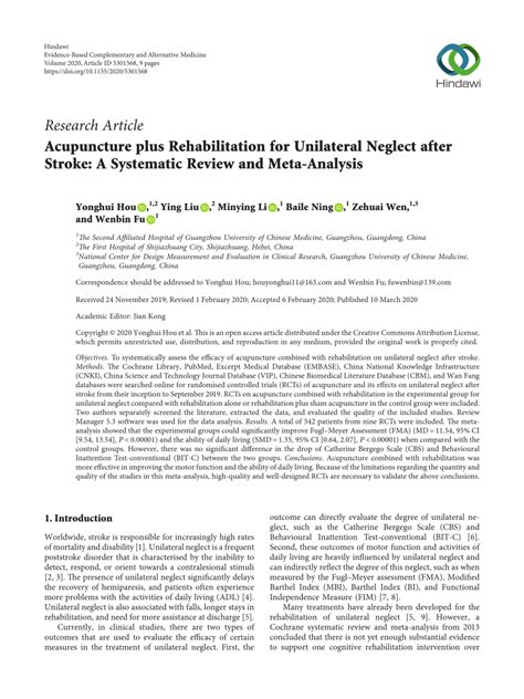 Pdf Acupuncture Plus Rehabilitation For Unilateral Neglect After Stroke A Systematic Review