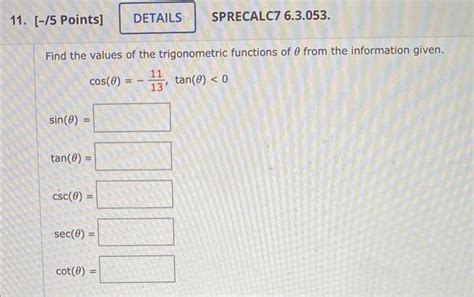 solved find the values of the trigonometric functions of θ