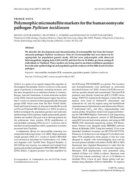 Pdf Polymorphic Microsatellite Markers For The Human Oomycete Pathogen Pythium Insidiosum
