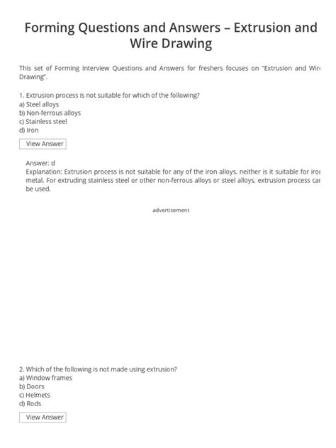 Forming Interview Questions And Answers For Freshers Sanfoundry Pdf Extrusion Metalworking