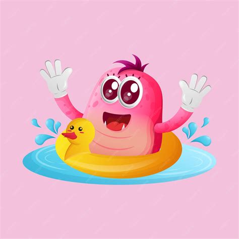 Premium Vector Cute Yellow Monster Swimming Wearing Rubber Duck Tube
