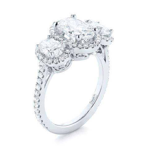 Custom Three Stone Diamond Halo Engagement Ring Halo 3 Stone