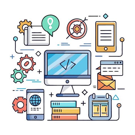 Colorful Illustration With Icons Representing Web Development Coding Website And Mobile App