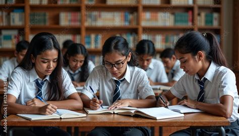 Group Of Indian High School Students Studying And Researching Together