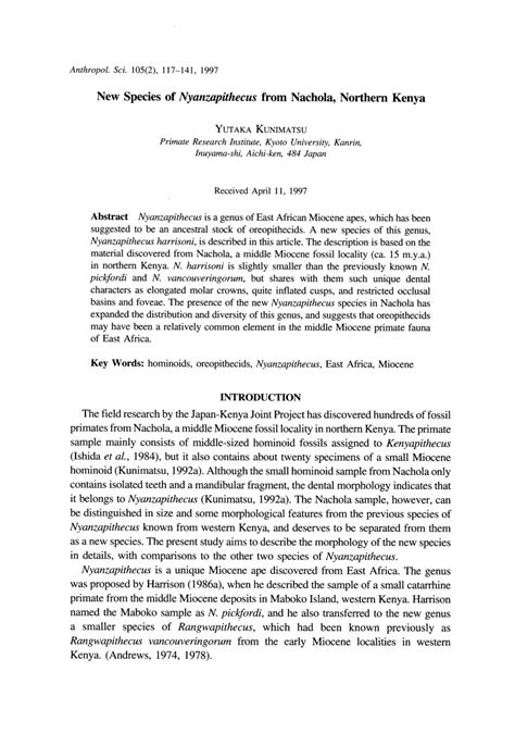 Pdf New Species Of Nyanzapithecus From Nachola Northern Kenya