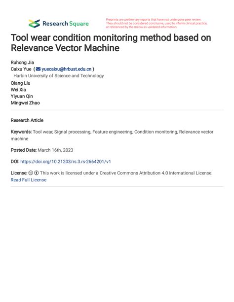 Pdf Tool Wear Condition Monitoring Method Based On Relevance Vector Machine