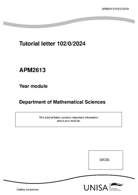 apm2613 tl102 0 2024 tutorial letter and assignments barcode define