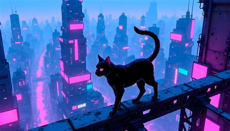 Cyberpunk Black Cat On Rooftop Imagem Gerada Com Ia