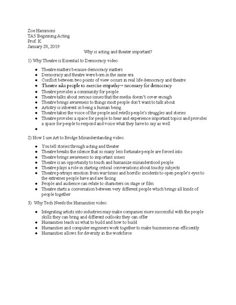 Beginning Acting Practice Assignment Zoe Hammons Ta5 Beginning Acting