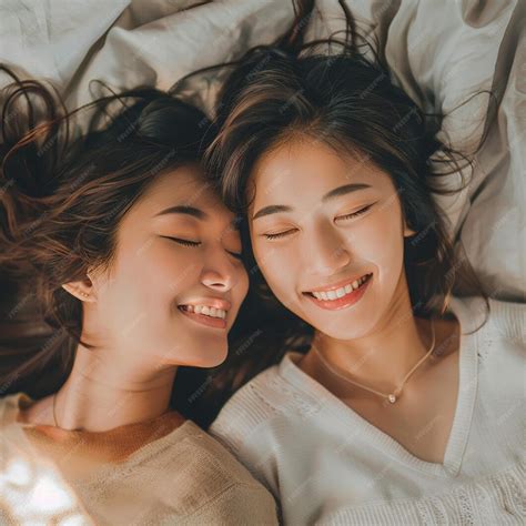 Top View Of Beautiful Young Asian Women Happy Lesbians Premium Ai