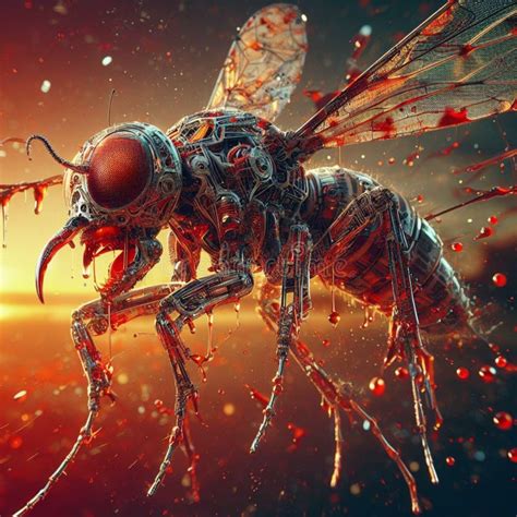 Genetically Modified Macro Closeup Of Nano Robot Engineered Weapon Mosquito In Action Concept