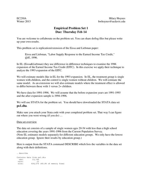 Stata Problem Set Stata Problem Set Exercises Econometrics And