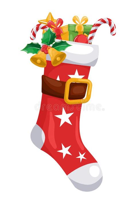 Santa Claus Stocking With Christmas Decorations Bells Holly Leaves