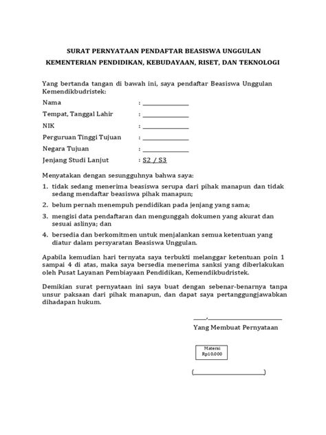 Format Surat Pernyataan Pendaftar Beasiswa Unggulan Pdf