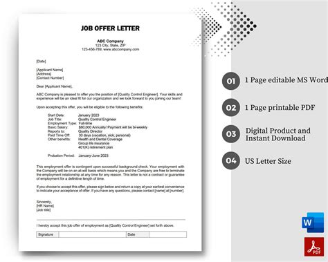 Job Offer Letter Template Employment Contract New Hire Document