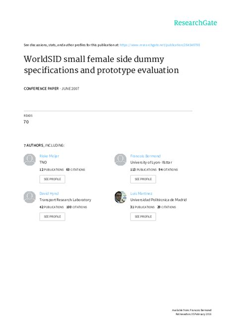 Pdf Worldsid Small Female Side Dummy Specifications And Prototype Evaluation