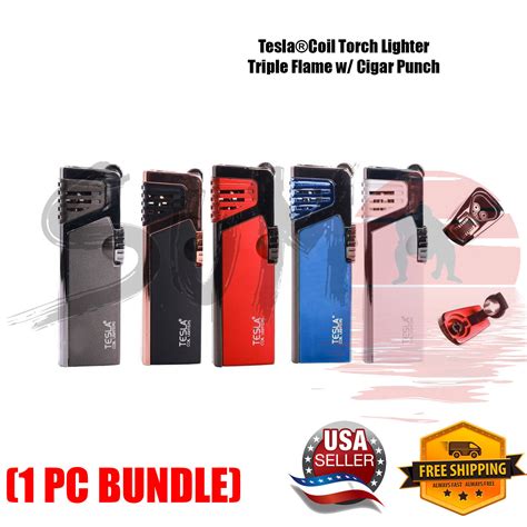 Tesla® Coil Lighters Triple Flame Flint Torch Lighter With Cigar Punch