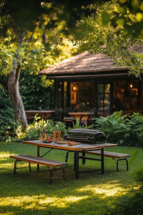 Outdoor Picnic Table Set With Drinks In A Lush Garden During Late