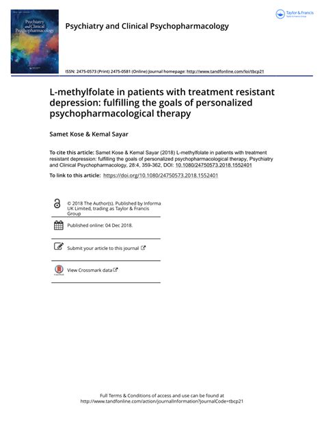 Pdf L Methylfolate In Patients With Treatment Resistant Depression