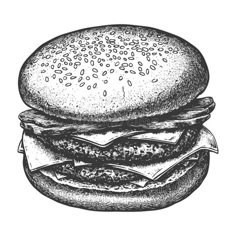 Delicious Double Cheeseburger Hand Drawn Illustration Stock Vector