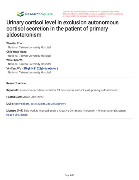 Pdf Urinary Cortisol Level In Exclusion Autonomous Cortisol Secretion