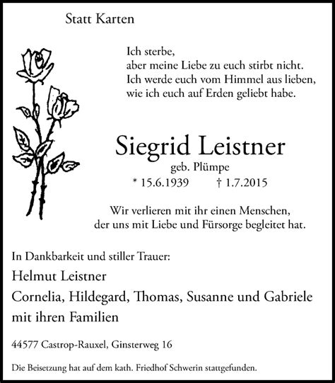 Traueranzeigen Von Siegrid Leistner Trauer In Nrwde