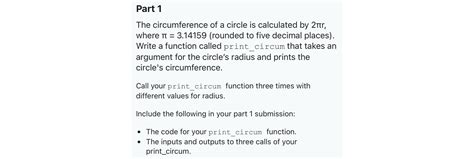 Solved Part 1the Circumference Of A Circle Is Calculated By