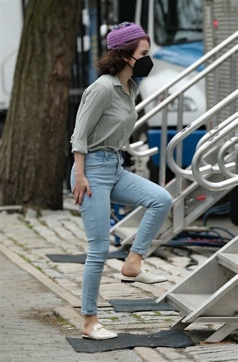 Rachel Brosnahan In A Grey Stripped Shirt Arrives On The Set Of The