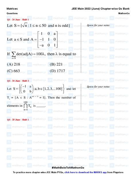 Matrices Jee Main 2022 Chapter Wise Questions By Mathongo Pdf