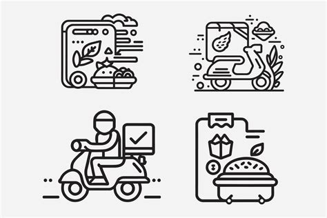 Food Delivery Icon Set Line Art Black And White Food Delivery Service