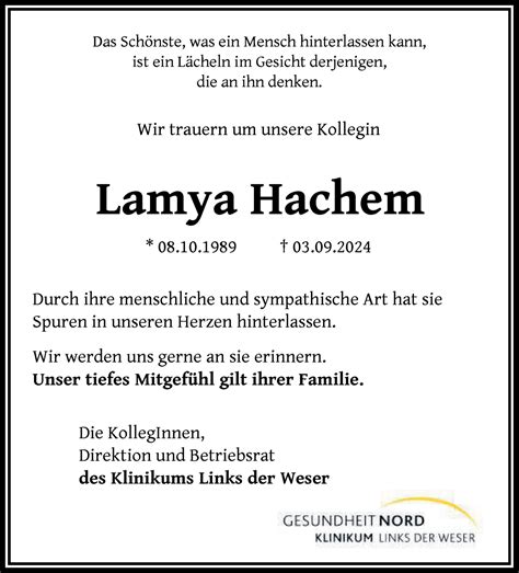Traueranzeigen Von Lamya Hachem Trauer And Gedenken
