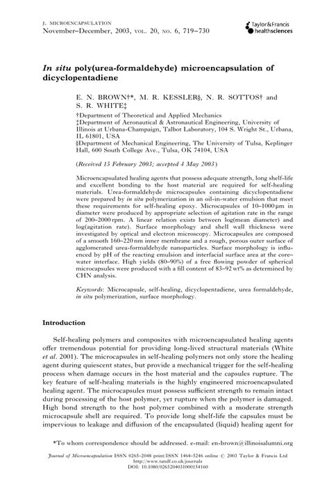 Pdf In Situ Poly Urea Formaldehyde Microencapsulation Of