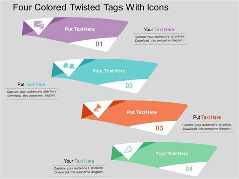 four colored twisted tags with icons flat powerpoint design