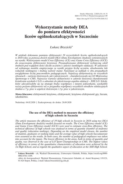Pdf Wykorzystanie Metody Dea Do Pomiaru Efektywności Liceów Ogólnokształcących W Szczecinie