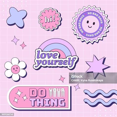 Y2k에서 영감을 받은 레트로 일러스트레이션 스티커 세트 트렌디한 복고풍 만화 레이블은 이벤트 브랜딩 로고 의류 디자인 등에 사용하기에 적합합니다 0명에 대한 스톡 벡터