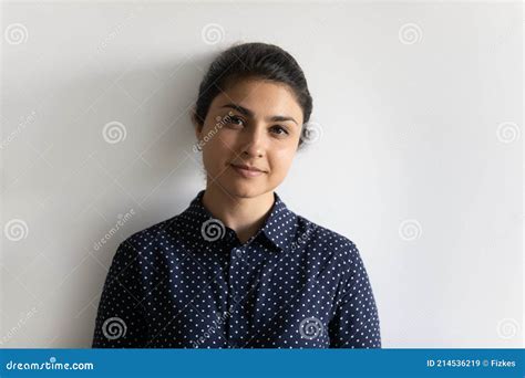 Head Shot Portrait Attractive Young Indian Woman Looking At Camera