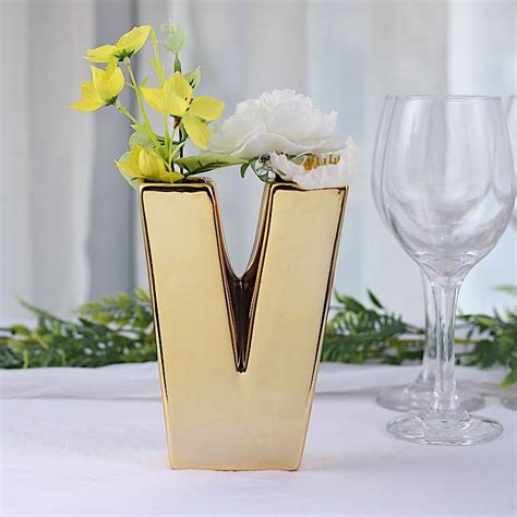 Balsacircle 6 Gold V Metallic Letters Symbols Ceramic Flower Vase