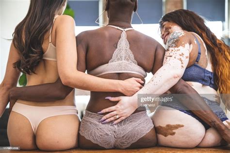 Body Positivity Women Friends Posing At Home In Lingerie High Res Stock