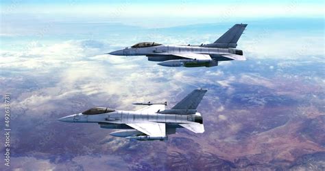 Military Fighter Jets Flying Together Over Clouds Aerial View War And