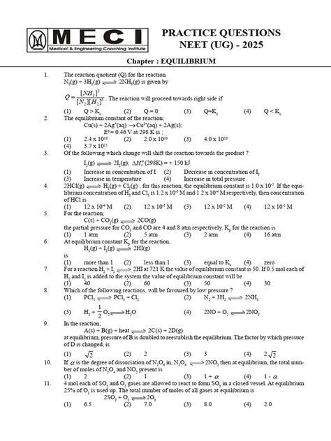 Neet Equilibrium Practice Questions Pdf Physical Chemistry