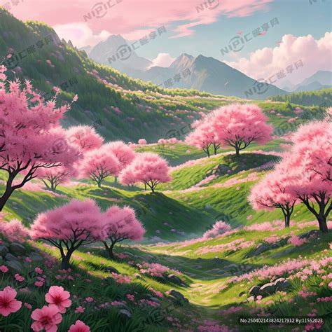 Ai创作图粉色桃花林加绿山绿草地 昵图网