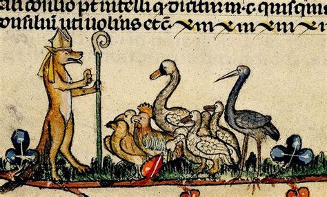 Reynard The Fox Wearing Bishops Mitre Peaching To Birds Falcons