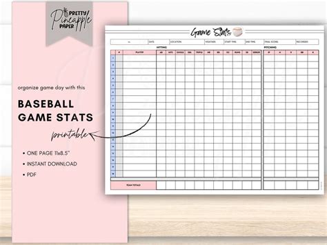 Printable Baseball Game Stats Instant Download Template Sports