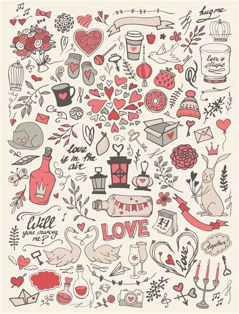 دانلود وکتور مجموعه طرح دستی روز ولنتاین با نمادهای سنتی رمانتیک دانلود رایگان فایل لایه باز