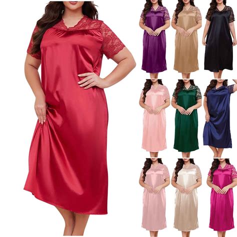 Feancey Womens Plus Size Satin Nightgowns Lace Short Sleeve V Neck