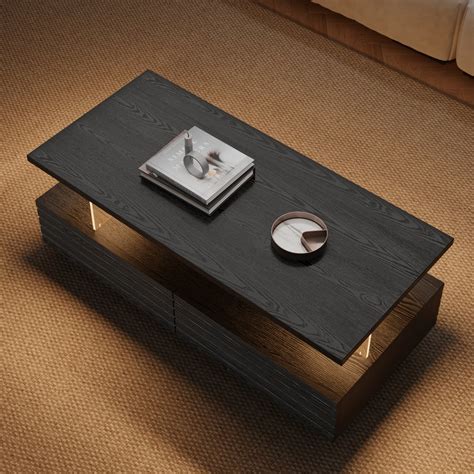 Wood Rectangle Coffee Table Black Modern Table With Led Light For