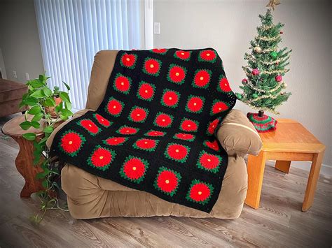 Handmade Crocheted Poinsettia Blanket Granny Square Afghan Holiday