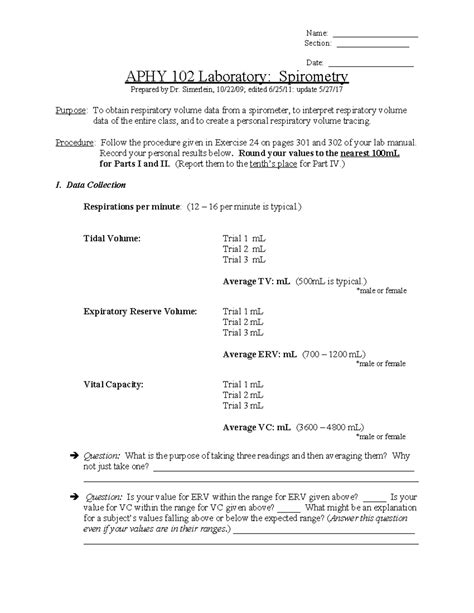 Aphy 102 Laboratory Spirometry Name Section