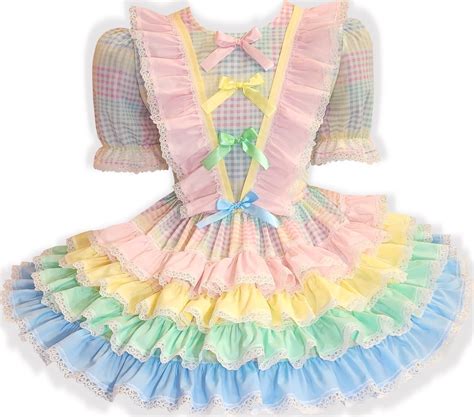 Marylou Custom Fit Rainbow Gingham Pink Ruffles Bows Adult Sissy Dress